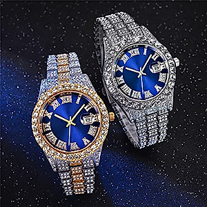 Hip Hop Iced Out Men's Rhinestone Watch Diamond Analog Quartz Watch (Blue)