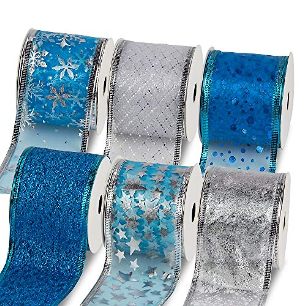 VATIN Christmas Ribbon,Wired Holiday Party Ribbons Assorted Snowflake Dot Holly Star Patterns Decorations, Swirl Sheer Glitter Ribbon 36 Yards (2.5" Width x 6Yard Each Roll) -Blue/Silver
