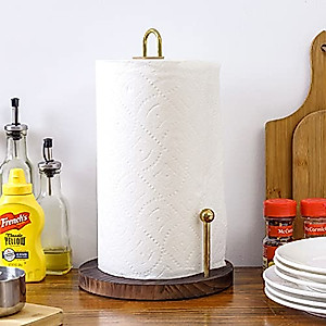 MyGift Modern Brass Tone Metal Countertop Paper Towel Holder with Burnt Solid Wood Base, Hand Paper Towel Roll Dispenser Rack