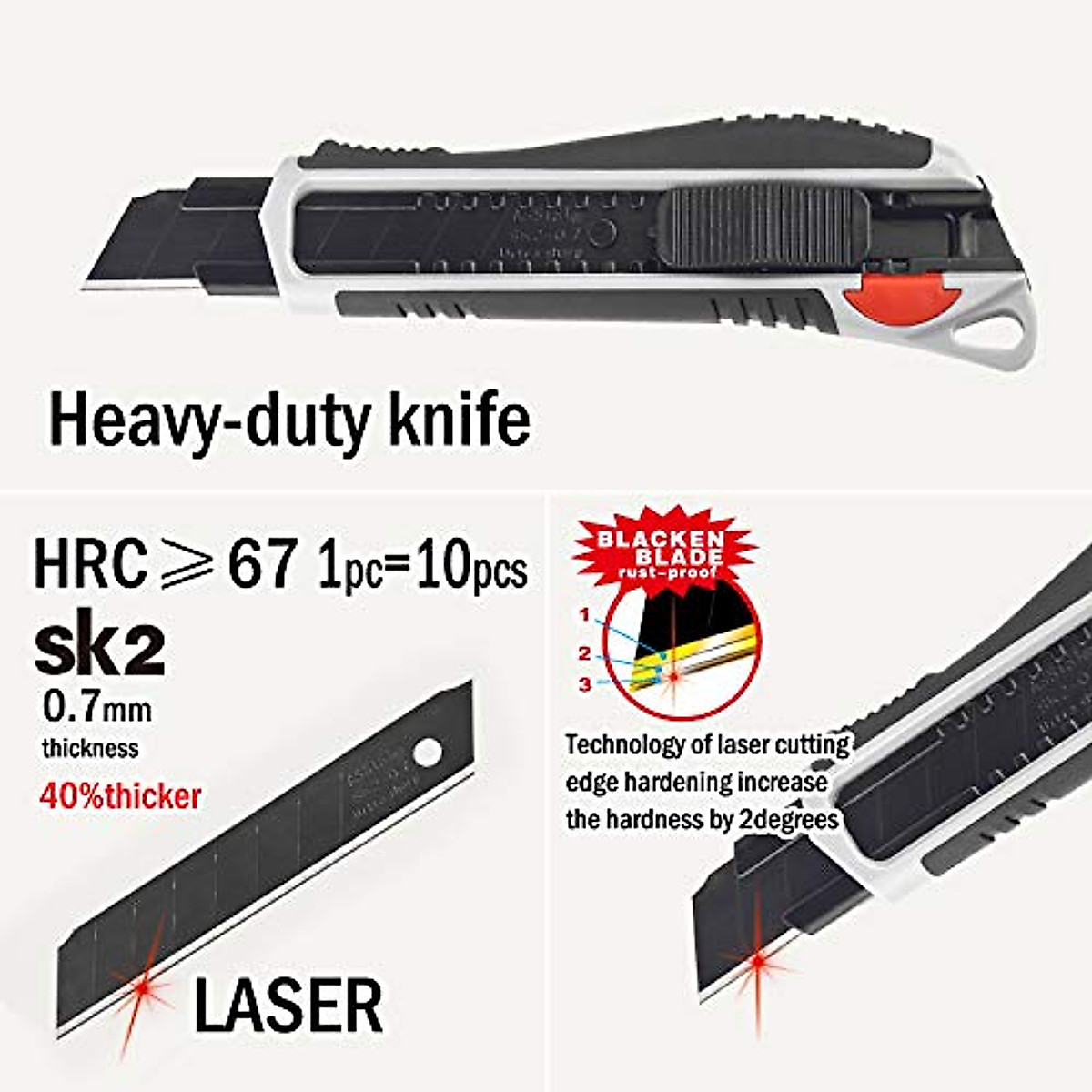 ASSIST Snap Off Heavy Duty 18mm Utility Knife Box Cutter ,25kgs Locking Froce , with 10pack SK2 High-Carbon Steel Black Premium Tempered Sharp Blades, Hand tool Gifts