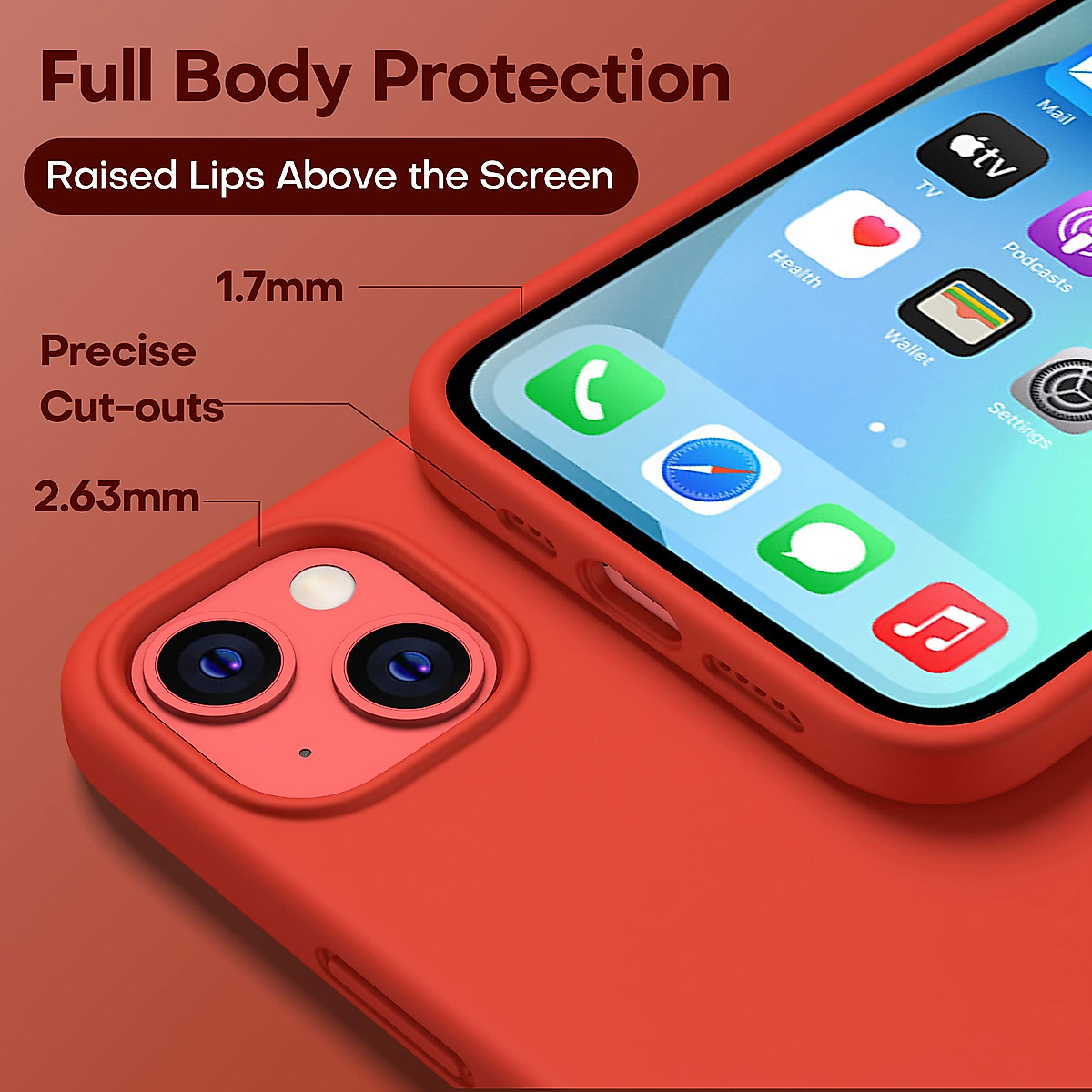 CellEver Heavy-Duty Silicone Case for iPhone 13 Mini - Two Shatterproof Glass Screen Protectors, Military Drop Protection, Scratch-Free Interior, Bright Red