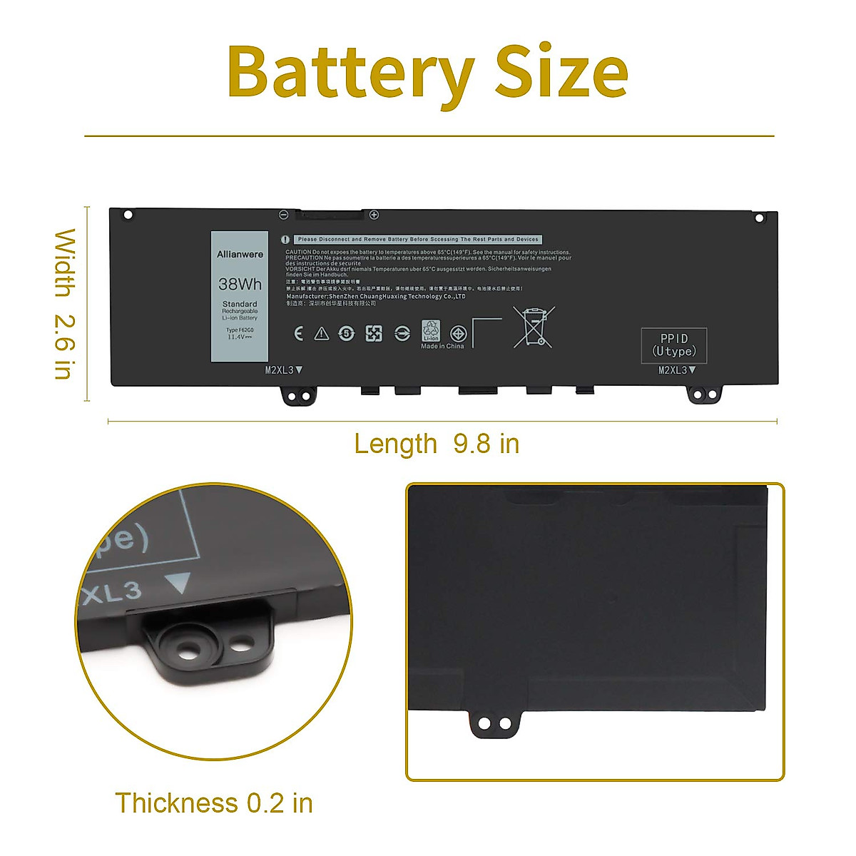 Allianwere F62G0 Replacement Laptop Battery Compatible with Dell Inspiron 13 7373 7000 7370 7380 7386 P83G P83G001 P83G002 Vostro 13 5370 D1525S D1505G R1605S D2505G Series Notebook F62GO RPJC3 39DY5