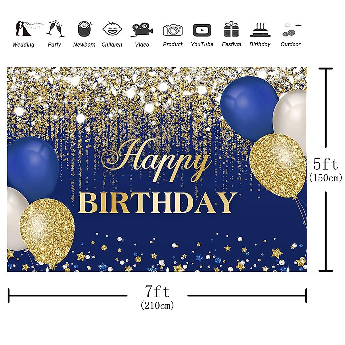 Aperturee Blue and Gold Happy Birthday Backdrop 7x5ft Glitter Golden Dots Diamonds Balloons Women Girls Sweet 16 Bday Photography Background Party Decorations Cake Table Banner Photo Booth Props