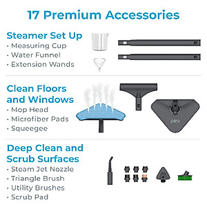 Pure Enrichment PureClean Steam Cleaner with 17 Accessories, Multi-Purpose Household Rolling Steamer for Chemical-Free Deep Cleaning of Floors, Upholstery, Windows, Grout, Grills, Cars, and More