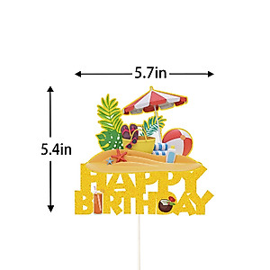 Gold Glitter Beach Happy Birthday Cake Topper, Summer Beach Birthday Cake Decor, Hawaiian Luau Bday Party Decoration Supplies