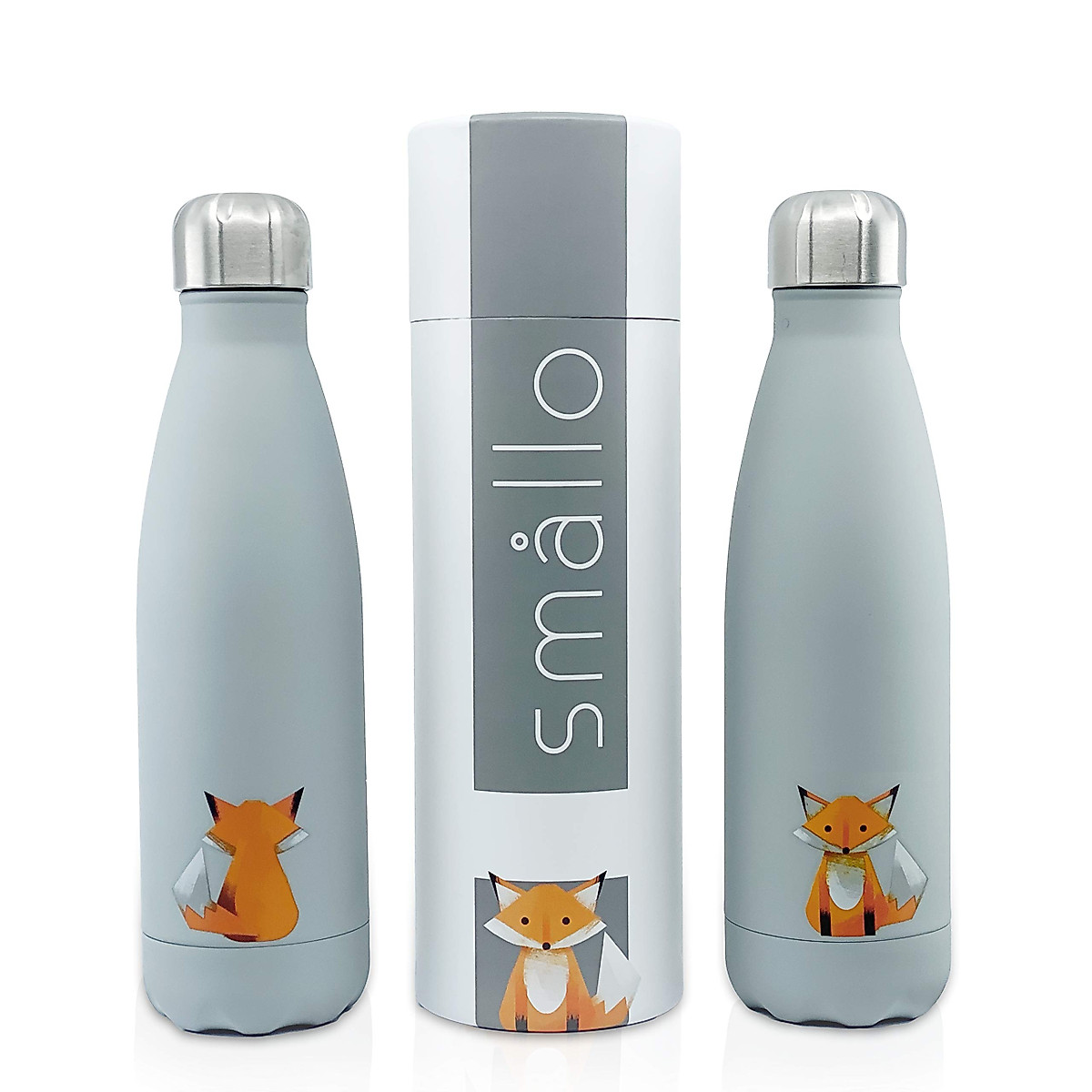 smållo | Water Bottle with Cute Fox Design | Stainless Steel | Double Wall Insulated | Grey | 17oz