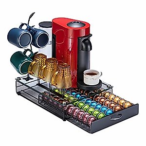 FlagShip for Nespresso Pod Holder Coffee Pod Storage for Vertuo Pod with Crystal Tempered Glass Top Mug Holder(50 Pods & 7 Mugs Capacity)