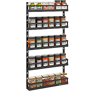 X-cosrack 6-Tier Wall-Mounted Spice Rack Organizer with Mixed Basket Sizes, Height-Adjustable Hanging Spice Shelf for Kitchen Pantry Cabinet, Large-Capacity Seasoning Holder, Black