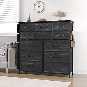 12 Dresser for Bedroom, Chest of Drawers for Bedroom with Side Pockets and Hooks, Fabric Storage Dresser, Sturdy Steel Frame, Wood Top, Easy Pull Handle (Charcoal Black)