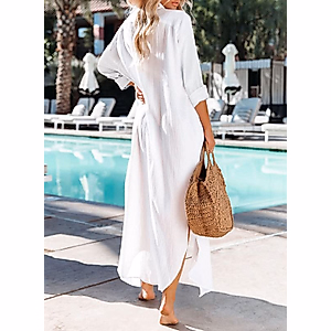 Dokotoo Womens Plus Size Casual Summer Spring Wrap Button Down Front Cotton Long Sleeve Maxi Dress Long Cardigan Beach Boho Cover Ups Shirt Dresses for Women 2023 White Small