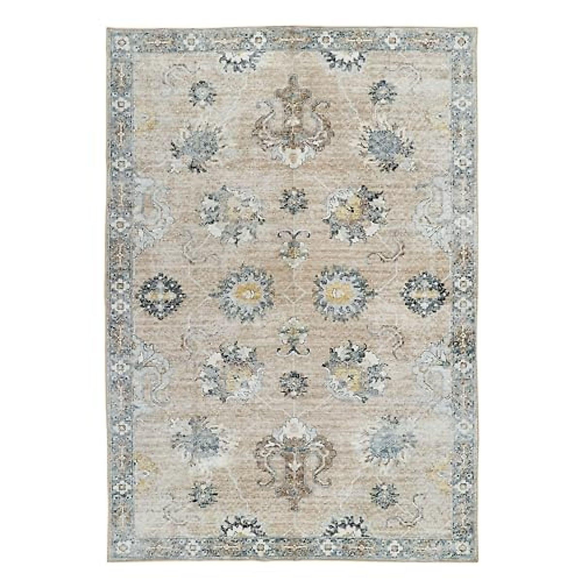 Kaspene Home - Machine Washable Thin 3x5 Area Rug - Oriental Vintage Blue and Brown, Bedroom, Hallway, Bathroom, and Entryway - Stain and Water-Resistant - Non-Slip - Pet and Kid Friendly