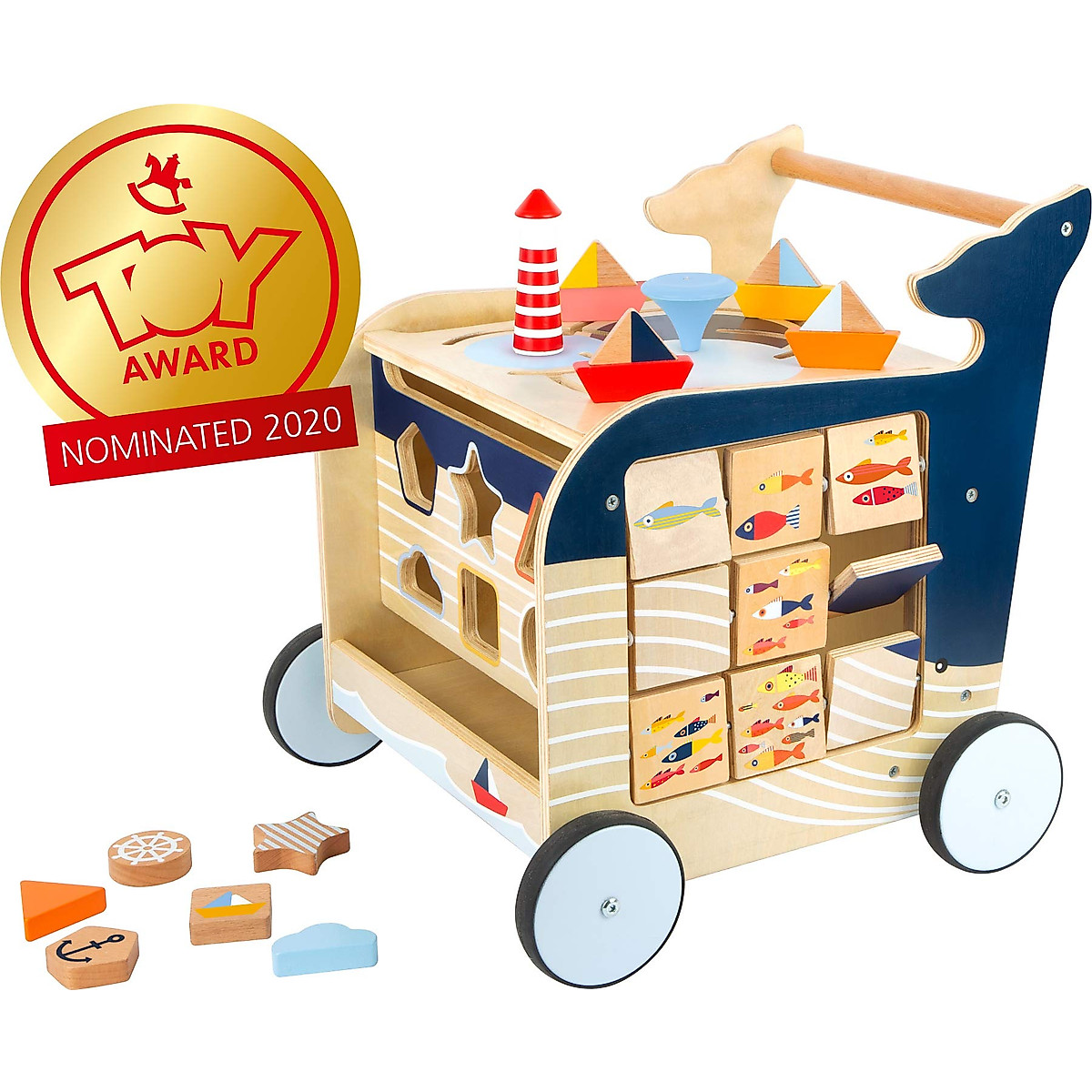 Wooden Whale Baby Walker by Small Foot – Classic 5-in-1 Activity Center - Interactive Toy with Shape Sorter, Puzzle Maze, Compass, Chalkboard - Develops Kids Coordination, Motor Skills –Age 12+ months