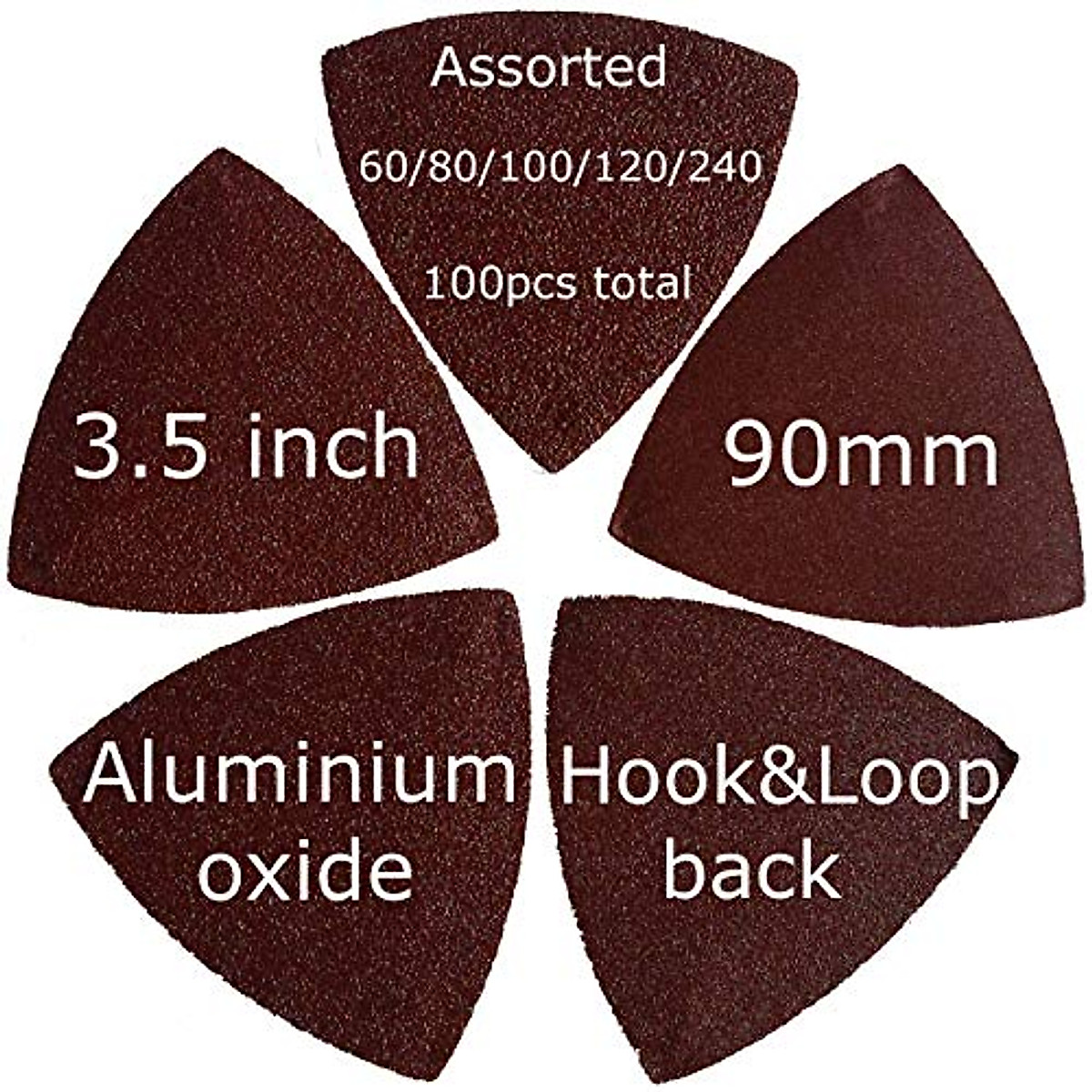 XXGO 100 Pcs 3-1/2 Inch 90mm Triangular 60/80 /100/120 /240 Grits Hook & Loop Multitool Sandpaper for Wood Sanding Contains 20 of Each Fit 3.5 Inch Oscillating Multi Tool Sanding Pad XG9020