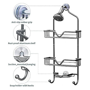 Lucalda Shower Caddy, Shower Caddy over Shower Head Bathroom Shower Hanging Caddy Aluminum, Hanging Shower Organizer over the Head Shower Rack, 2 Hooks Soap Shelf Gray, 25.2" × 10.6" × 4.3"
