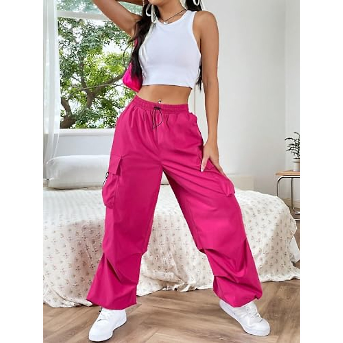 SweatyRocks Women's Drawstring Elastic Waist Loose Pants Casual Flap Pocket Cargo Pants Trousers Hot Pink M