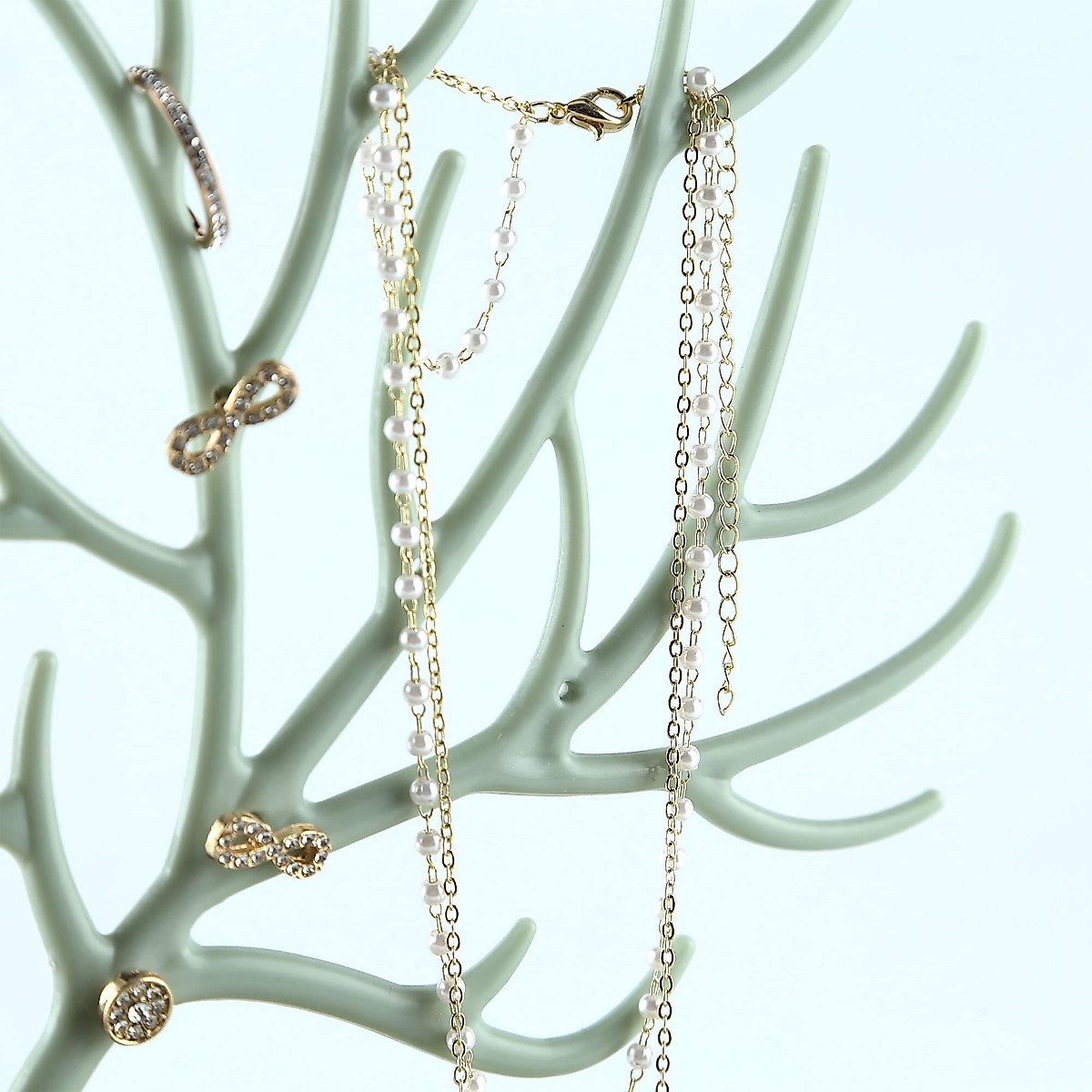 MORE&LESS Antlers Jewelry Display Stand with Aluminium alloy handle, Tree Tower Rack Hanging Organizer for Ring Earrings Necklace Bracelet, Deer Horn Tree Stand with Storage Drawer and Tray