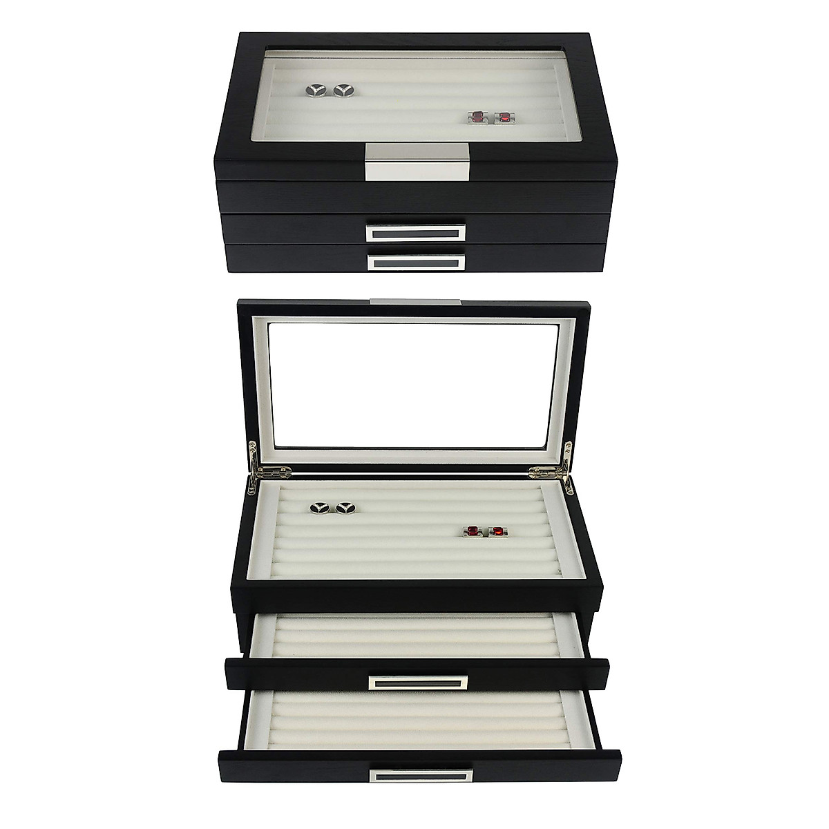 TIMELYBUYS Black Ebony Wood Cufflink Case & Ring Storage Organizer with Stainless Steel Engravable Design Accent Men's Jewelry Box for 108 Cufflinks