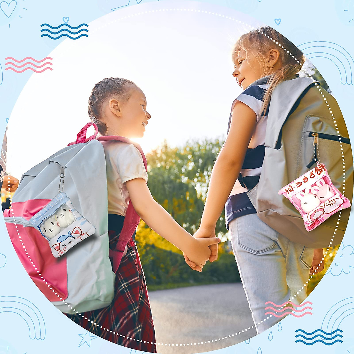 Zomiboo 2 Pcs Kawaii Room Decor Cute Plush Stuffed Pillows Snack Mini Toys Soft Cartoon Baby Back to School Doll Key Chain Gifts for Birthday Party Favors (Pink,Blue,Bunny,Cat)