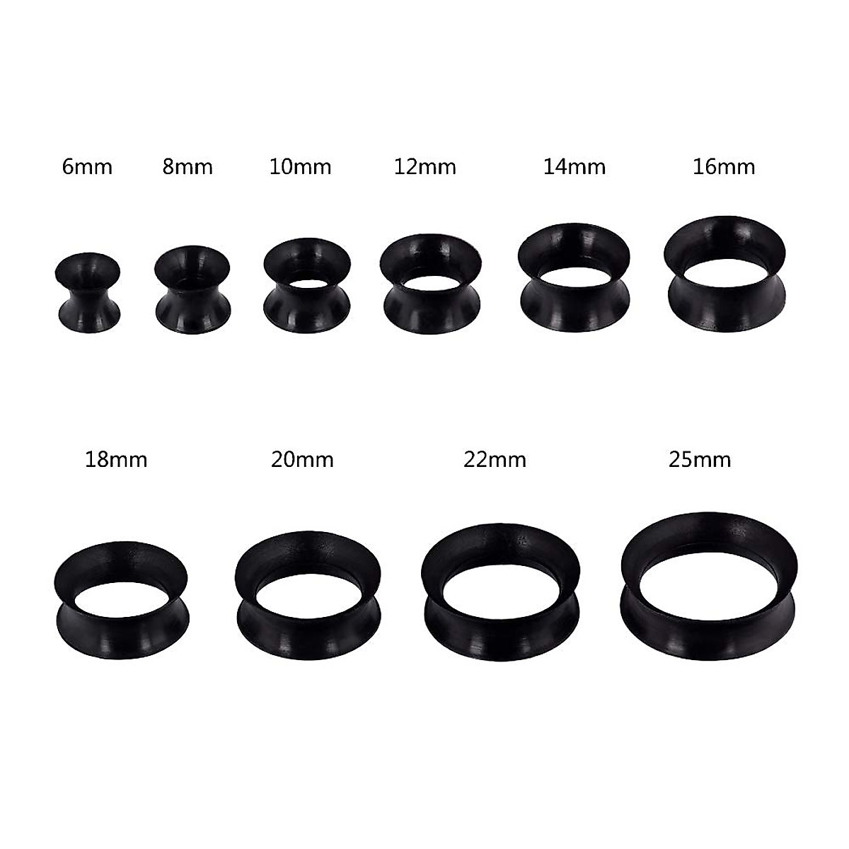 2g-1" 10Pairs Black Silicone Plugs Kit Ear Skins Gauges Soft Ear Expander Tunnels Stretching Set 6-25mm