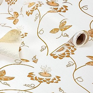 RAY STAR Shelf Liner, Non Adhesive Golden Leaves Floral Cabinet Liner for Pantry Drawer, Strong Grip Non Slip Waterproof, Shelf Liners for Kitchen Cabinets Organization 18 Inch x 8 FT (2 Rolls)