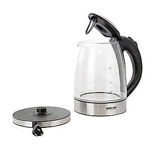 Better Chef Cordless Electric Kettle | 7-Cup Borosilicate Glass | LED Light | Thumb On-Off and Lid Open | 360-deg Swivel Base | Auto Boil-Dry Shut-Off | Stainless