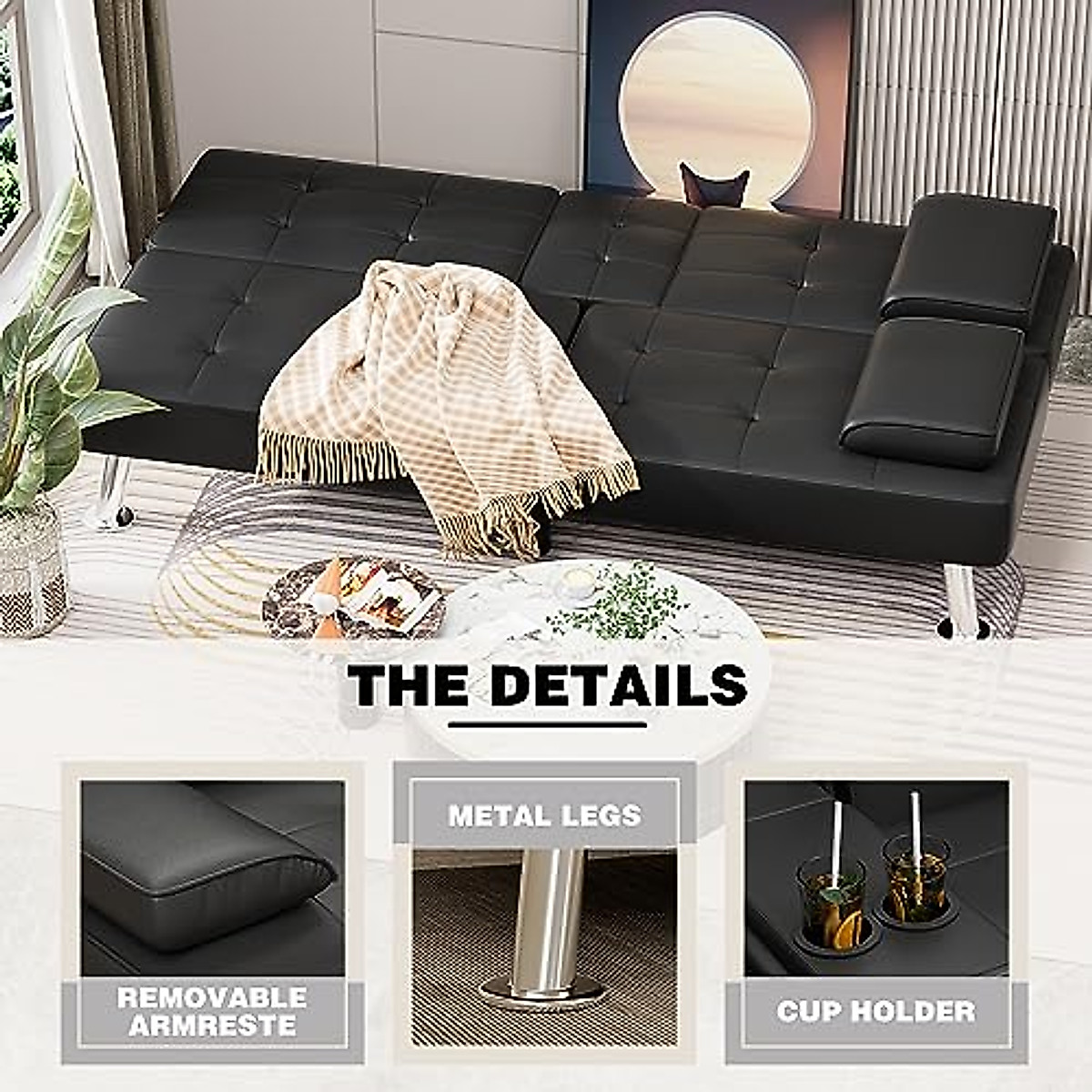 JUMMICO Faux Leather Upholstered Modern Convertible Folding Futon Sofa Bed with Removable Armrests, Adjustable Recliner Couch Bed Loveseat with 2 Cup Holders for Living Room