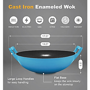 Bruntmor 14 Inch Blue Enameled Cast Iron Wok/Pot - Nonstick Skillet Pan with Large Loop Handles for Versatile Cooking - Oven Safe & Electric Stovetop Compatible - Indoor and Outdoor Culinary Essential