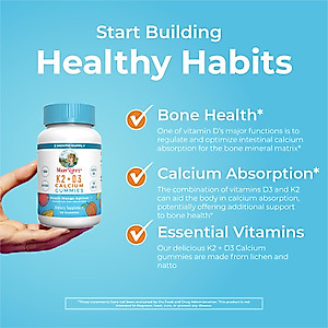 MaryRuth Organics Calcium with Vitamin D & Vitamin K2, 2 Month Supply, Calcium Supplement Supports Bone Health & Joint Support, with Vitamins D3 K2 Gummies, Vegan, Non-GMO, Gluten Free, 60 Count