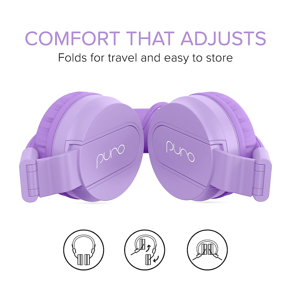 Puro Sound Labs PuroBasic Volume Limiting Wired Headphones for Kids, Foldable & Adjustable Headband w/Microphone, Compatible with Smartphones, Tablets and PC’s -Purple