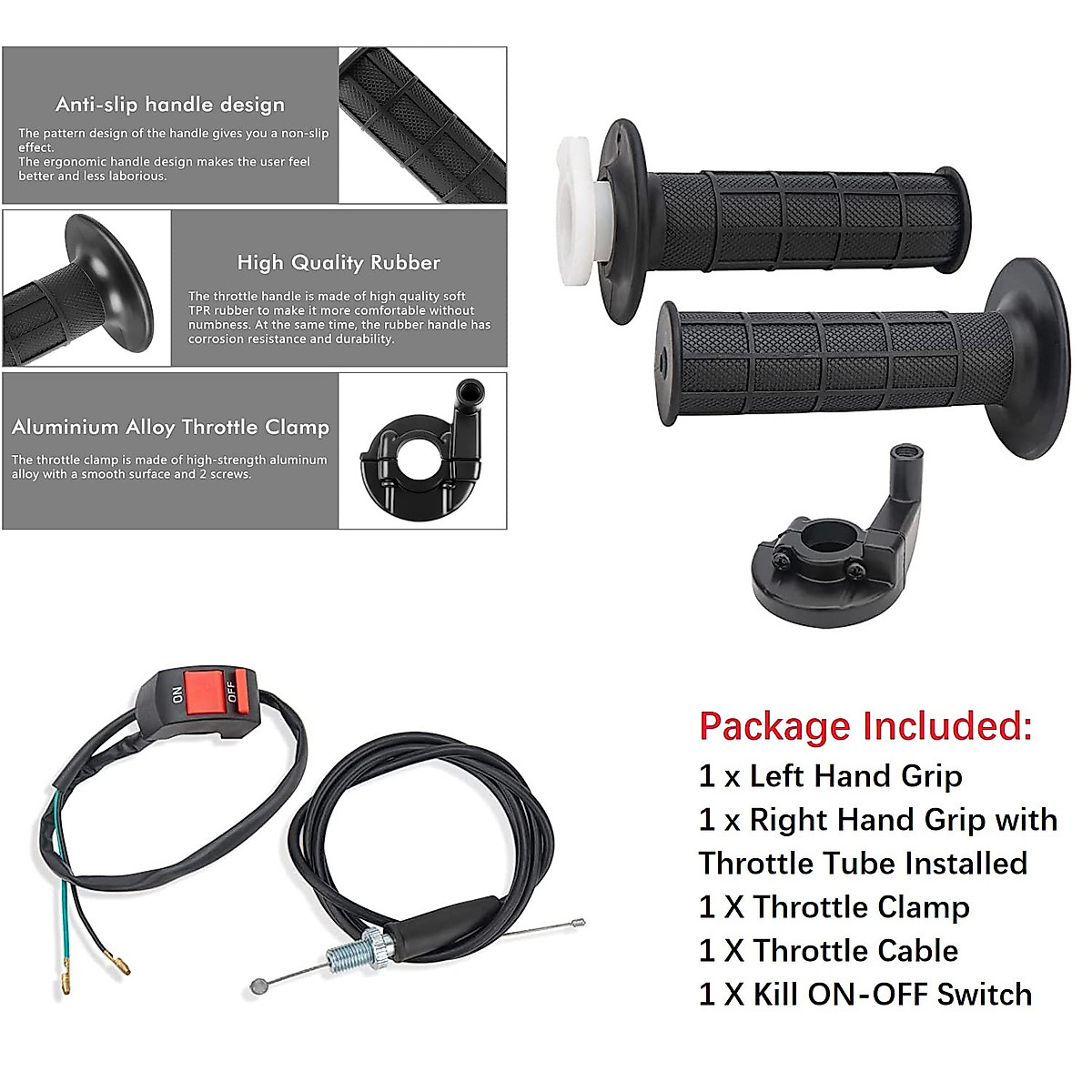 CALU LUKY 22mm Twist Throttle Accelerator Handle Grips, 50 90 110 125cc Pit Bike Dirtbike (Handle Grip + Cable + Throttle Clamp + flameout Switch)