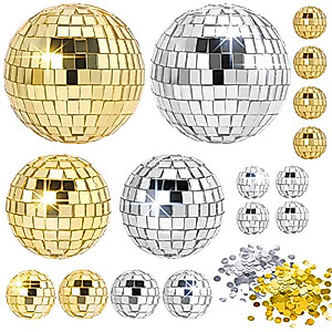 Ayfjovs 18 PCS Disco Ball Cake Decoration Disco Ball Cake Toppers Disco Table Decoration Cake Centerpiece with Confetti Decor 70s Disco Themed Cake for Birthday Theme 70s Party Supplies(Silver&Gold)