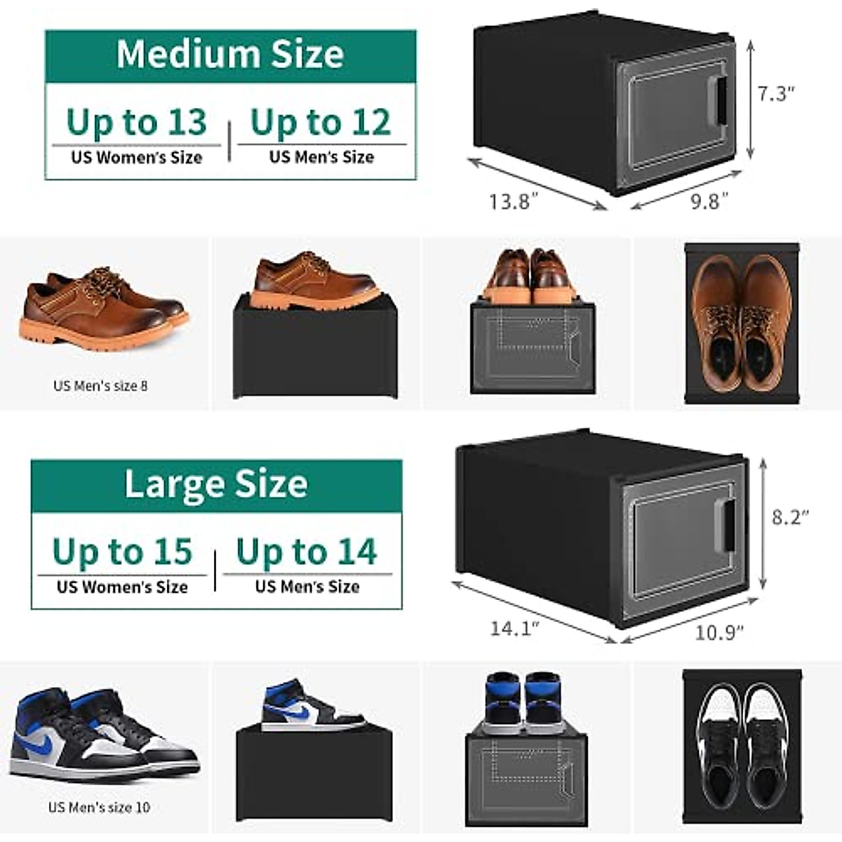 YITAHOME XL Shoe Storage Box, Set of 12 Shoe Storage Organizers Stackable Shoe Storage Box Rack Containers Drawers - Black-X-Large Size