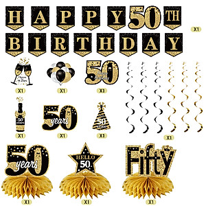 50th Birthday Banner Decorations for Men Women, 10Pcs Happy 50th Birthday Banner Honeycomb Centerpieces Swrils Kit