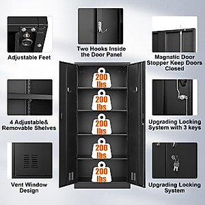 Metal Garage Storage Cabinet, Locking Garage Tool Cabinet, 71"Tall Steel Storage Cabinets with Doors and Adjustable Shelves, Locker Black Metal Tool Cabinets for Garage, Home Office, Assembly Required