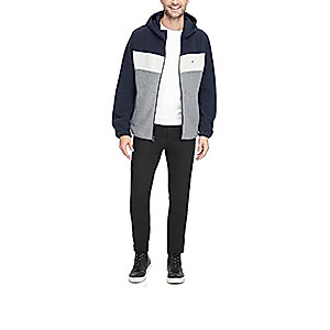 Tommy Hilfiger Men's Hooded Polar Fleece Jacket, Navy/White/Light Grey, Large