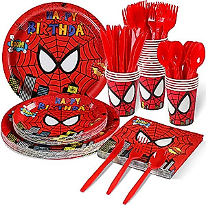 175Pcs Spider Birthday Party Supplies Spider Paper Plates and Napkins Set Disposable Dinner Tableware Plates Napkins Cups Knives Spoons Forks for Spider Kids Birthday Party Decorations Serve 25