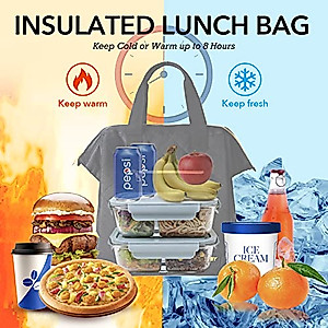 YASSIBY Women's Insulated Lunch Bag, Fashion Wide Tote Bag, Reusable Lunch Box, Water Resistant, For Work, Travel, Picnic.(Black-Large)