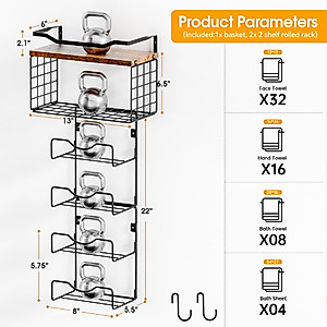 Towel Racks for Bathroom,Towel Rack Wall Mounted, 6 Tier Rolled Or Folded Towel Holder with Floating Shelves, Bathroom Towel Holder for Bath, Hand Towels,Metal and Wood