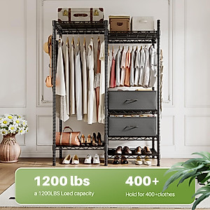 HOKEEPER Clothes Rack Heavy Duty Clothing Rack for Hanging Clothes Loads 1200LBS, Portable Closets Adjustable Garment Rack with Detachable Drawers, Side Mesh Board and Hooks 46.3"Wx16.9"Dx76.2"H Black
