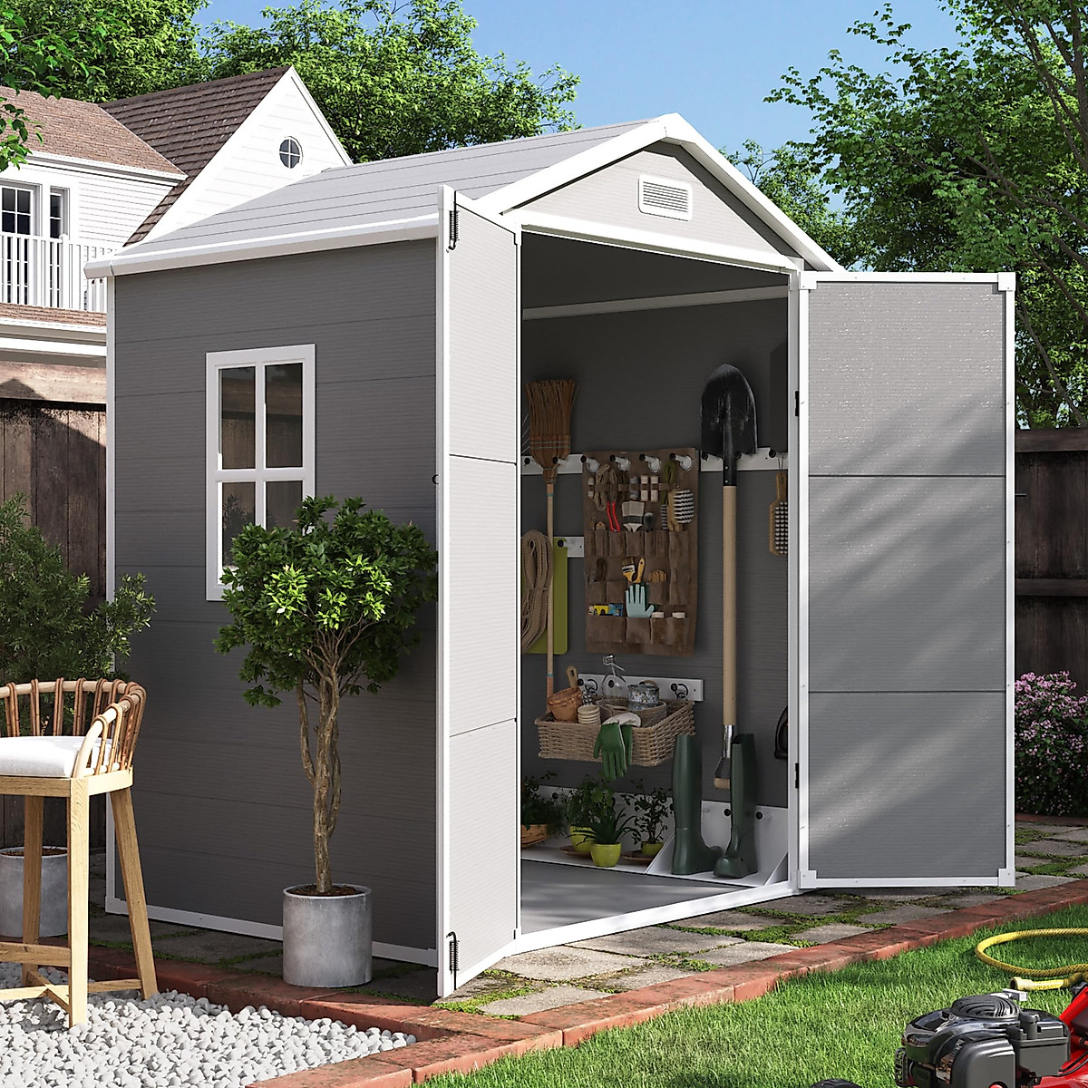 UDPATIO Outdoor Resin Storage Shed 6x4.5 FT, Plastic Garden Shed for Bike, Garbage Can, Tool, Outside Sheds & Outdoor Storage Storage Box with Lockable Door for Backyard, Patio, Lawn, Grey & White