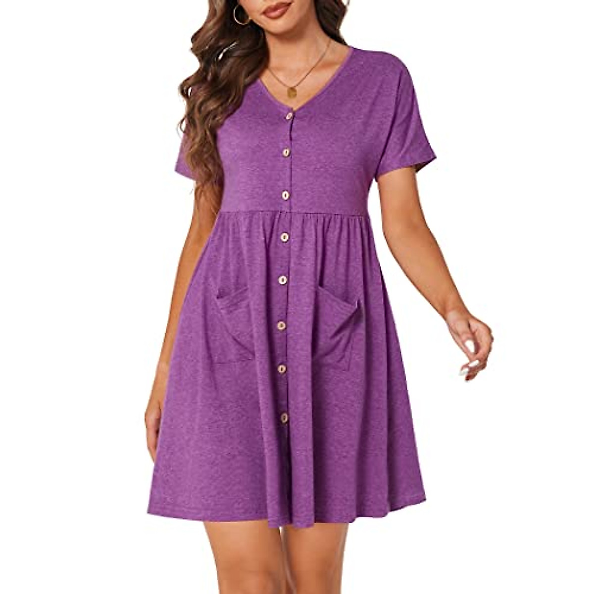 HOTOUCH Women's Plus Size Short Sleeve V-Neck Dresses Casual Loose Swing T-Shirt Dress Purple