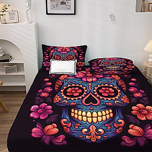 Sugar Skull Sheets Twin Size, Day of The Dead Bed Sheets, Patterned Bedding Sheets & Pillowcases 3 Piece Set - Soft Microfiber Deep Pocket Fitted Sheet & Flat Sheet & Pillow Case Z3-&-160