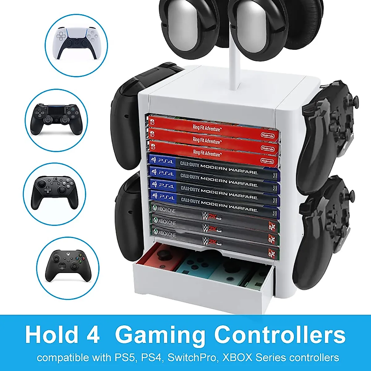 Number-one Game Storage Tower Bracket, Multifunction Gaming Disks Organizer Rack, Most Storage 10 Disk, 2 Headsets Stand 4 Controllers Holder, Compatible with PS5/PS4/XBOX Series Accessories, White
