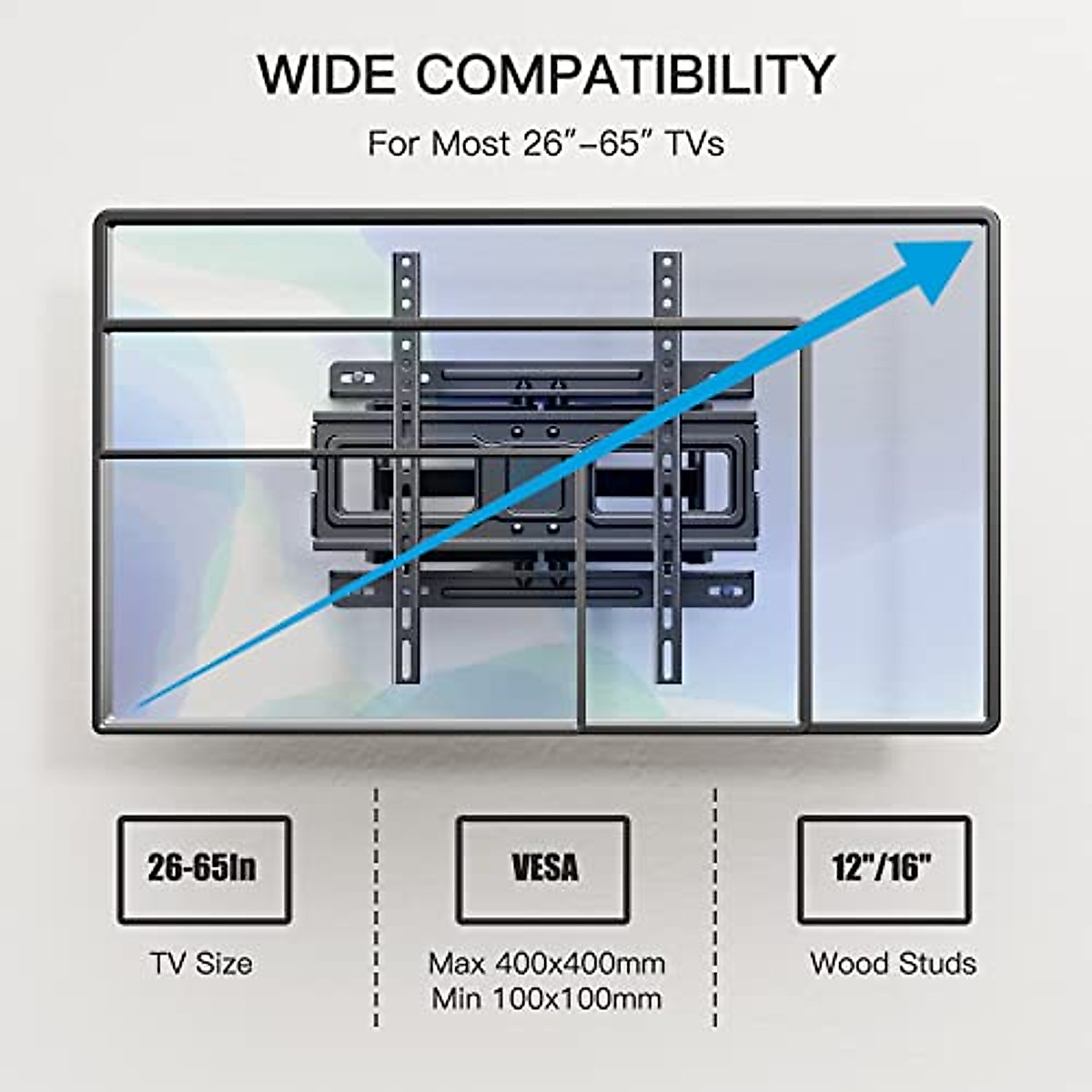 TV Wall Mount Full Motion Articulating Swivel Extension for Most 26-65 Inch Flat Curved TVs with Max VESA 400x400mm up to 88lbs, Wall Mount TV Bracket fits 12,16 inch Wood Stud by Pipishell