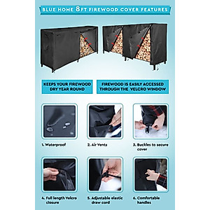 BLUEHOME 8ft Heavy Duty Indoor Outdoor Firewood Storage - Log Rack with Waterproof Cover and Log Carrier Combo – Black Steel Tubular Log Holder for Fire Pits and Fireplaces – Easy to Assemble