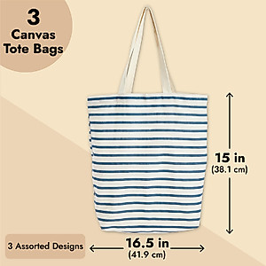 Juvale 3 Pack Small Reusable Tote Bags for Women, Canvas Cloth Bags for Shopping, 3 Designs (15 x 16.5 In)