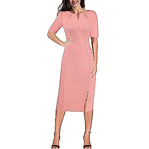 VFSHOW Womens Wear to Work Buttons Slit Pleated Notch V Neck Flattering Business Party Office Church Slim Bodycon Pencil Sheath Midi Dress (Peach Pink, X-Large) 10246 PIK XL
