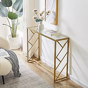 Console Table,Narrow Sofa Table,Glass Console Table Mirrored Console Table Entryway Hallway Table with Golden Metal Frame and Adjustable Feet,Entrance Table for Living Room,Foyer 41.7x11.8x30.7 inch