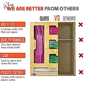 DESIGN INN 5 in 1 Bamboo Ziplock Bag Organizer for Drawer with Cling Wrap Dispenser and Cutter - Suitable for Gallon, Quart, Sandwich & Snack Variety Size Bags