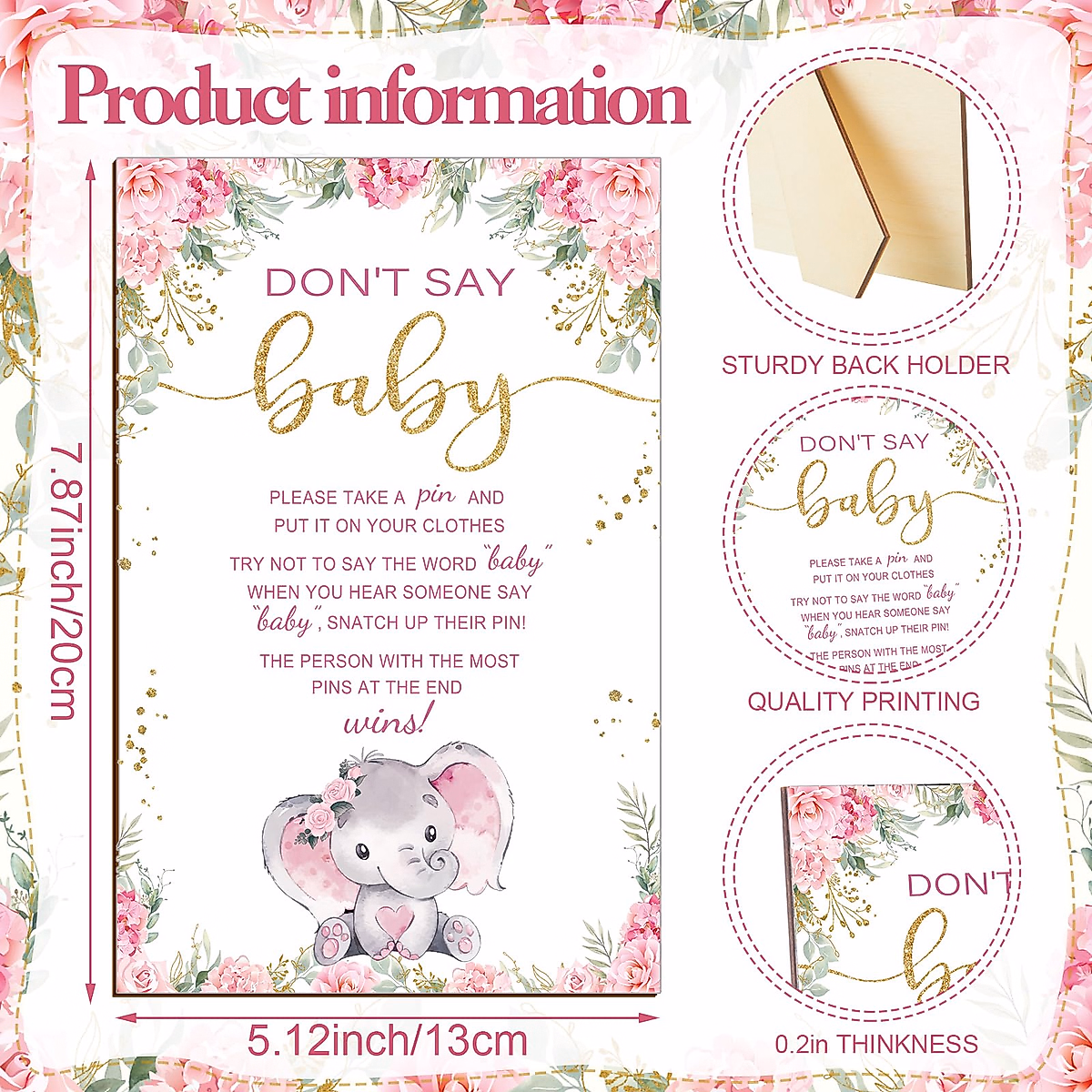 Patelai 321 Pcs Baby Shower Games Supplies, 5 Sets (50 Cards Each) Activities Cards with 20 Pencils 1 Don't Say Baby Sign 50 Clothespin(Pink Elephant)